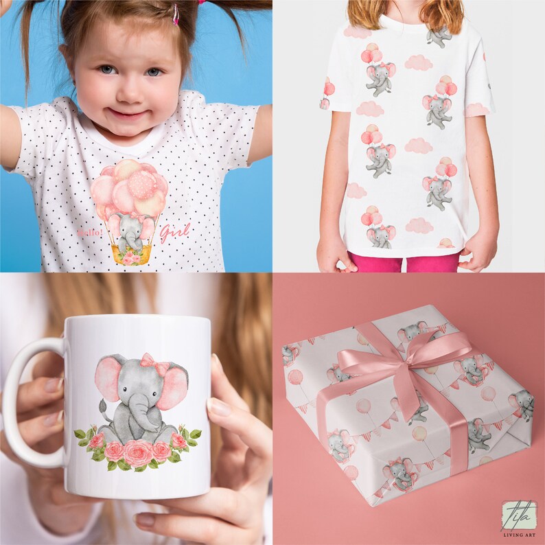 Watercolor Baby Elephant Clipart, Girl Wall Art, Nursery Decor, Cute ...