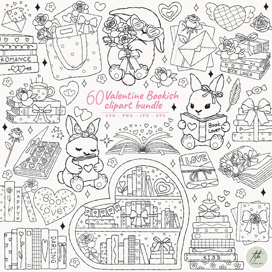 Valentine Bunny Reading Clipart | Bookish Line Art SVG PNG (digital ...