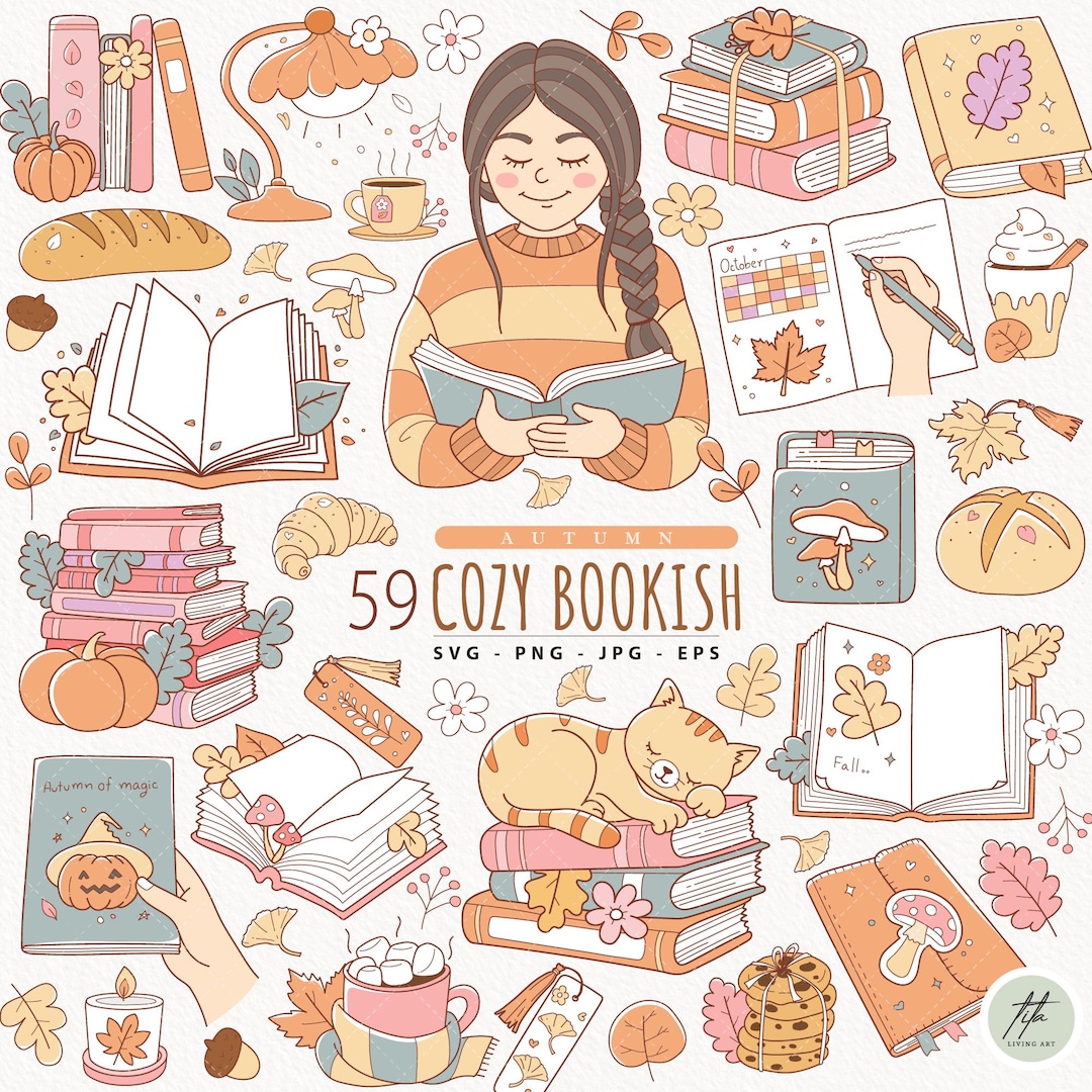 Cozy Bookish Clipart Bundle, Autumn SVG PNG, Book Lover Graphics - Etsy