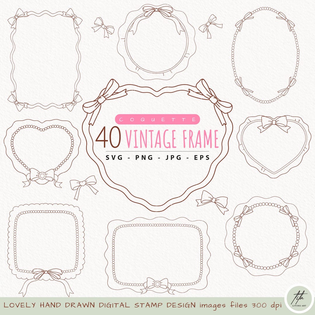 Coquette Frame Clipart, Hand-drawn Frame SVG, Ribbon Bow Frame PNG ...