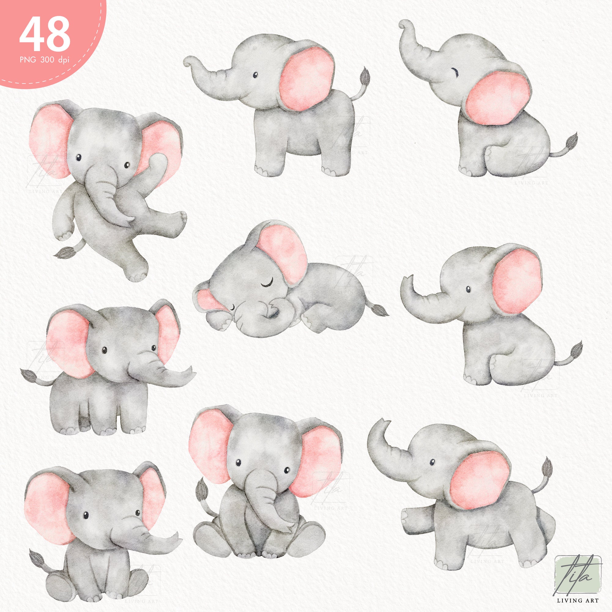 Watercolor Baby Elephant Clipart, Girl Wall Art, Nursery Decor, Cute ...