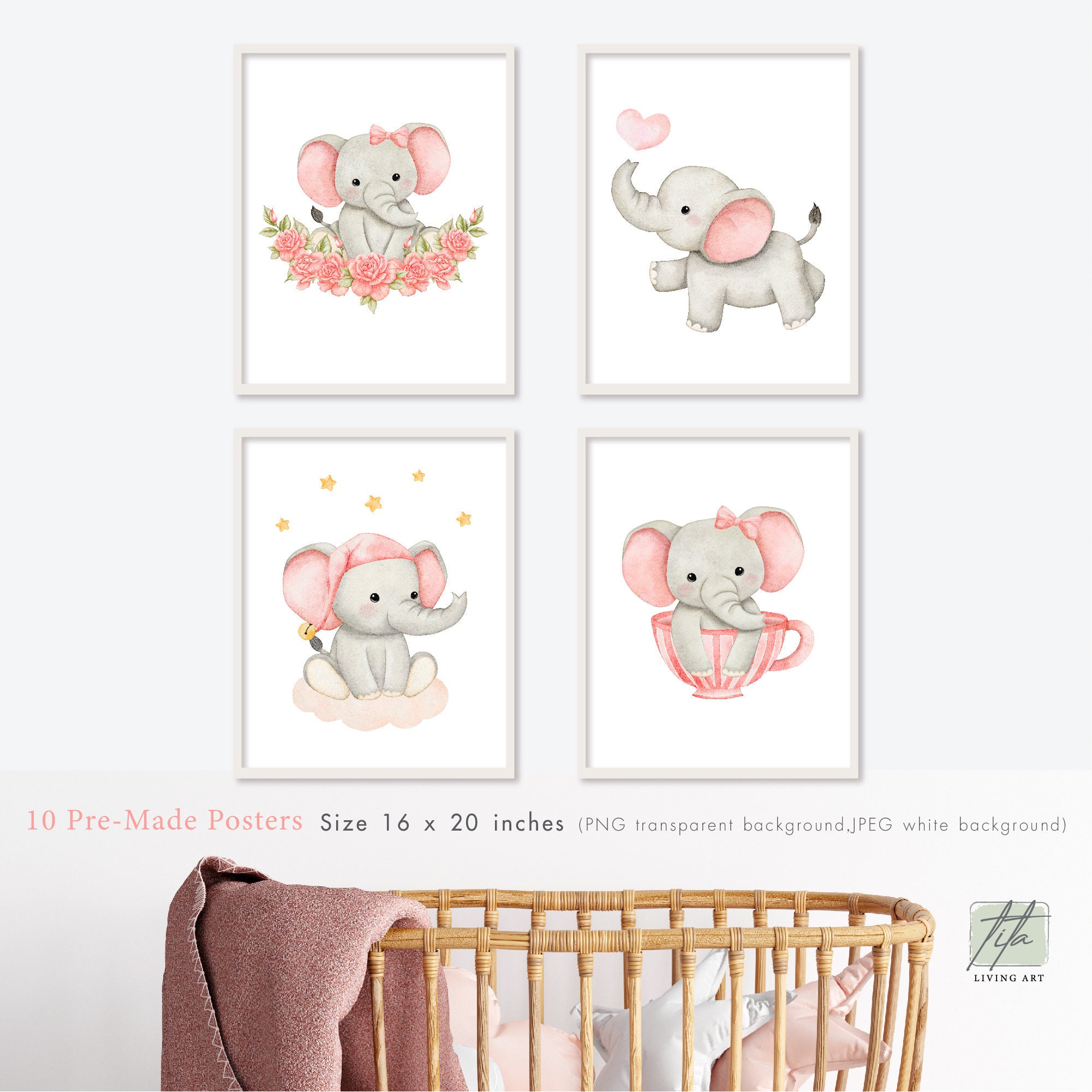Watercolor Baby Elephant Clipart, Girl Wall Art, Nursery Decor, Cute ...