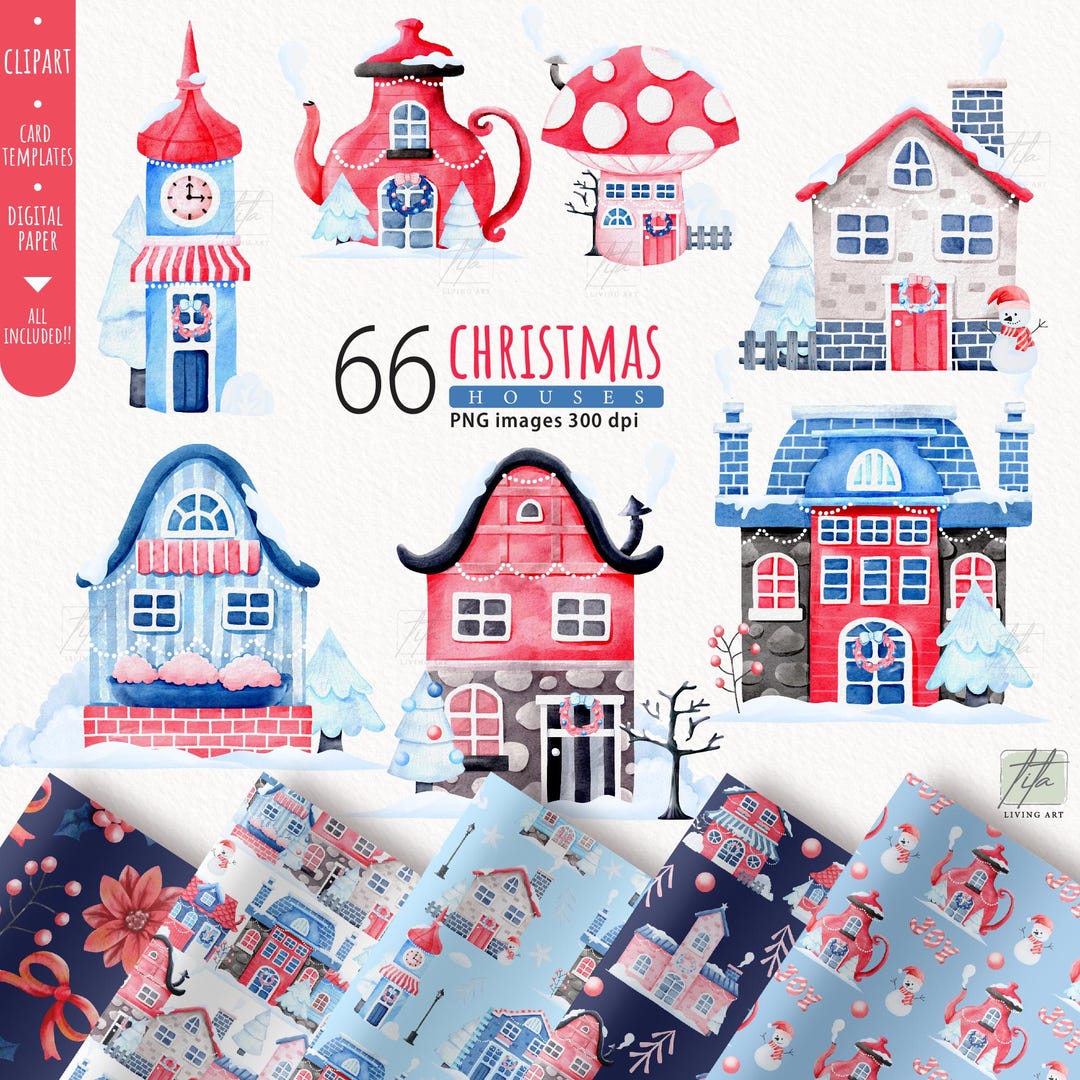 Watercolor Christmas Houses Clipart, Winter Landscape (PNG, JPEG) - Etsy