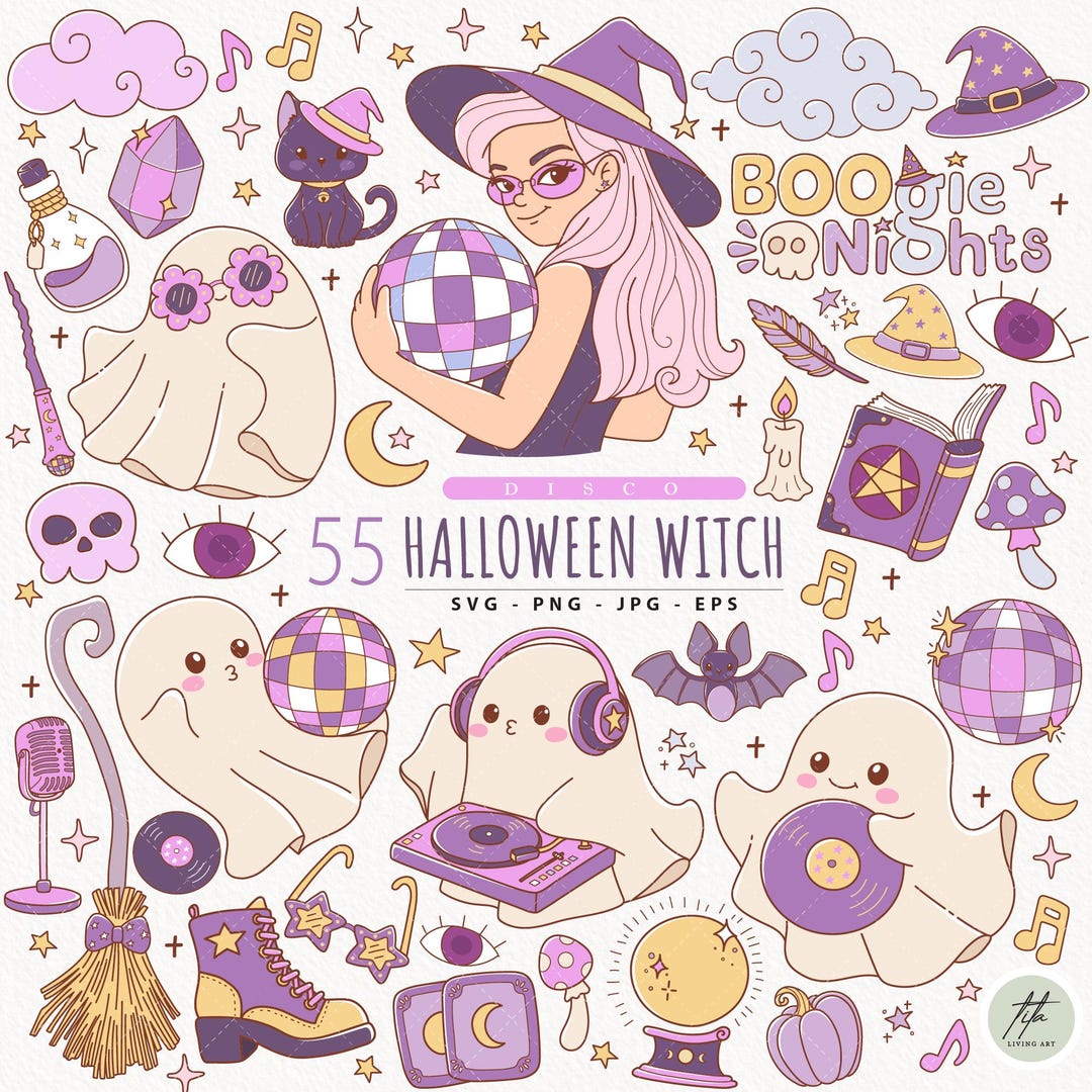Disco Halloween Clipart | Kawaii Witch, Ghosts PNG SVG (digital ...