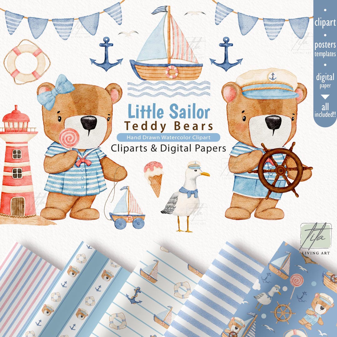 Little Sailor Watercolor Clipart, Sailor Bear Clipart, Nautical Bear ...