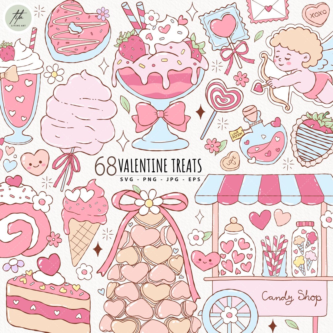 Valentine Treats Clipart Bundle, Hand Drawn Dessert PNG, Sweet Lover ...