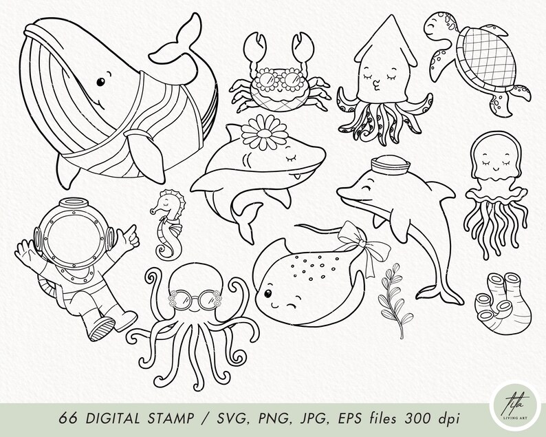 Groovy Sea Animals Outline SVG, Sea Animal SVG Bundle, Undersea Clipart ...