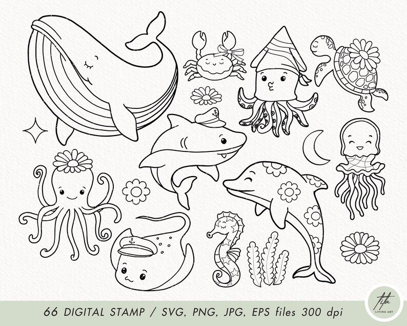 Groovy Sea Animals Outline SVG, Sea Animal SVG Bundle, Undersea Clipart ...