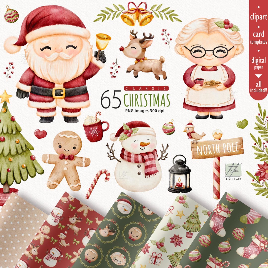 Classic Christmas Watercolor Clipart, Cute Santa and Wife, Holiday ...