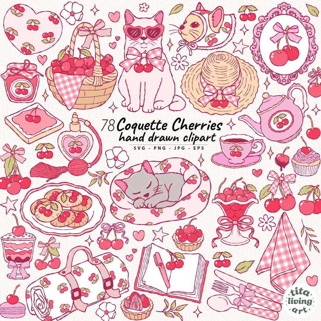Coquette Cherries Clipart Bundle | Valentine Cherries and Cat PNG ...