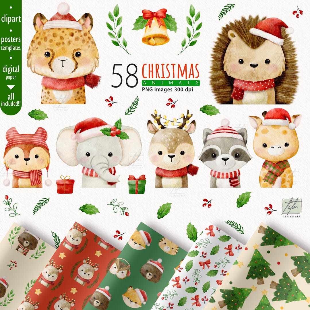 Watercolor Christmas Animals Clipart, Woodland and Safari Christmas ...