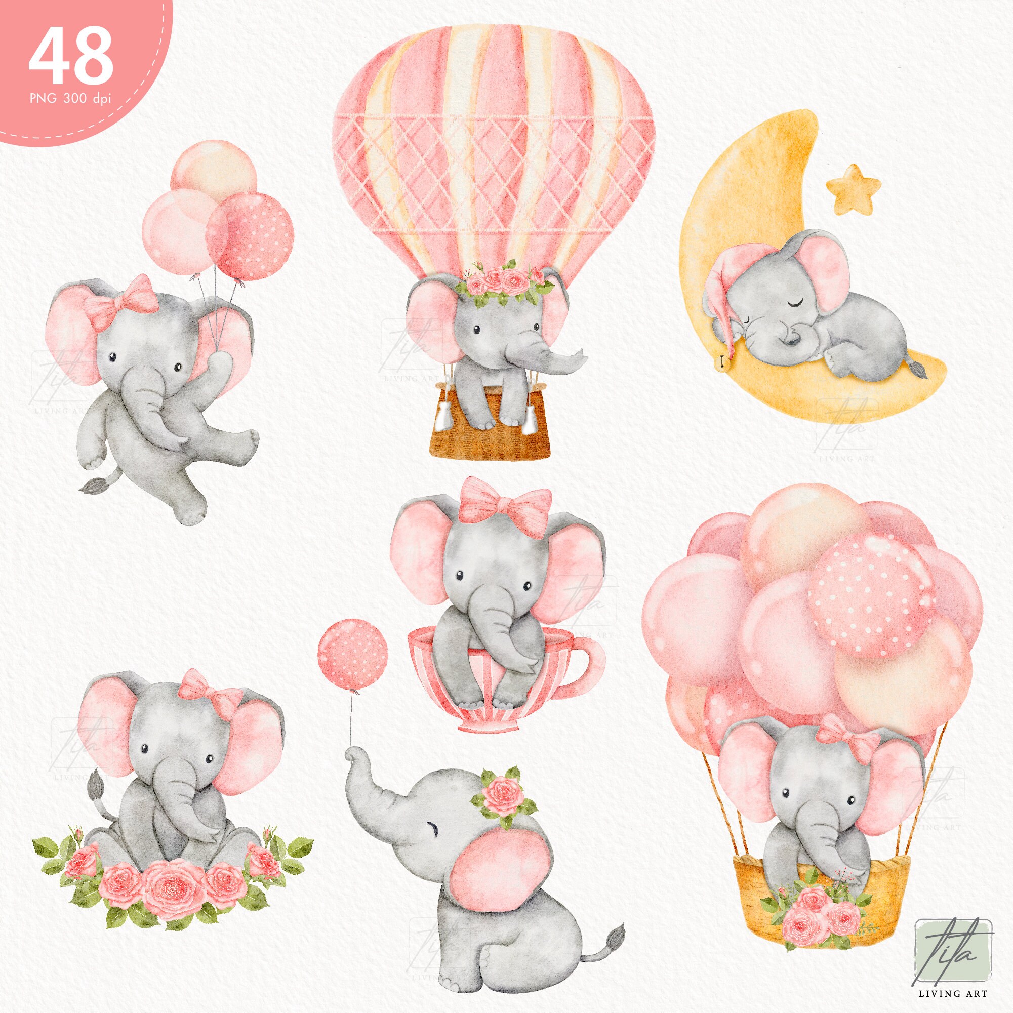Watercolor Baby Elephant Clipart, Girl Wall Art, Nursery Decor, Cute ...