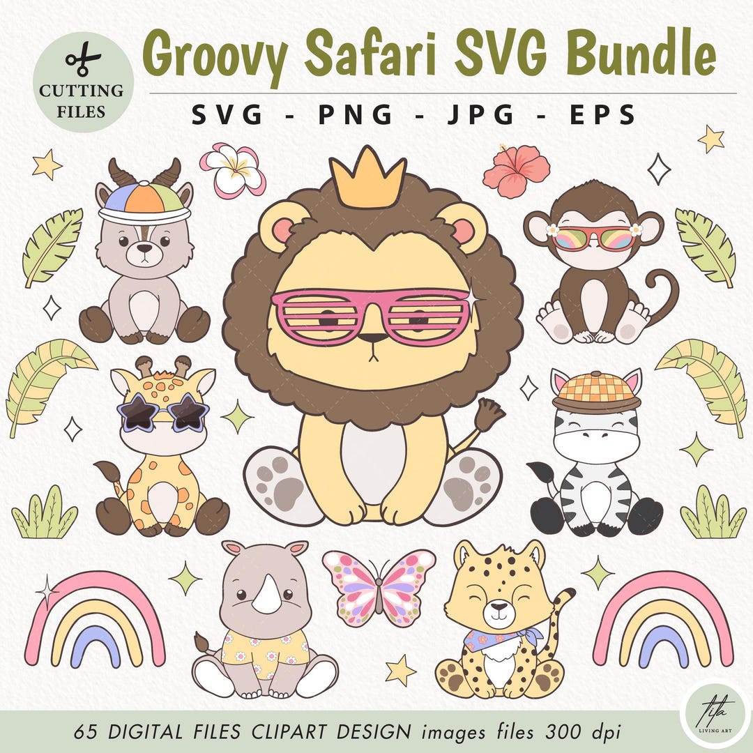 Groovy Safari Animal SVG, Wild Animals SVG Bundle, Zoo Animals, Elephant Giraffe Zebra Lion ...