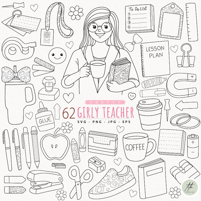 Girly School Outline SVG, Back to School SVG Bundle, Doodle School ...