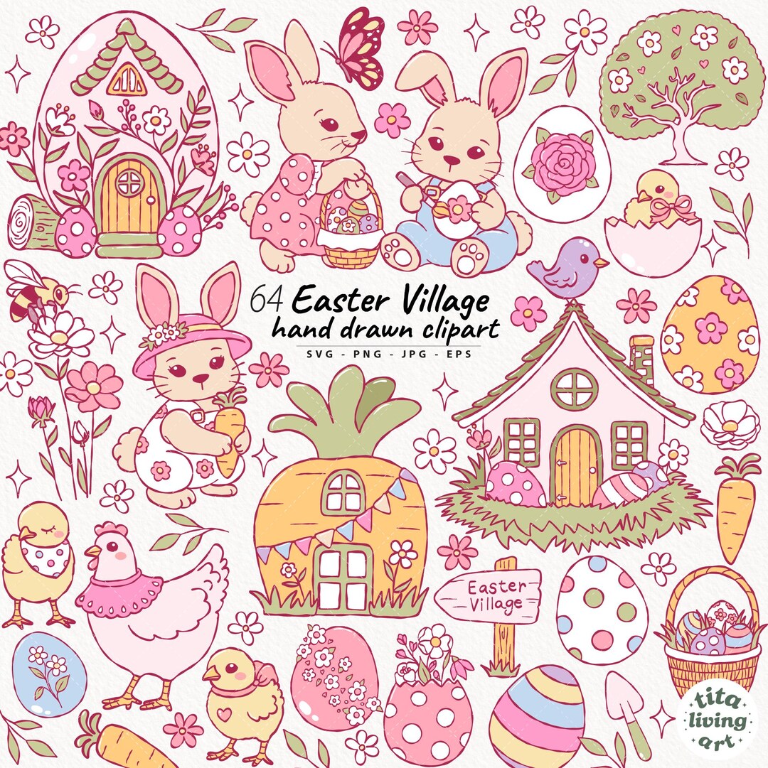 Easter Village Clipart | Hand Drawn Bunny Spring Town PNG for Crafts - Etsy