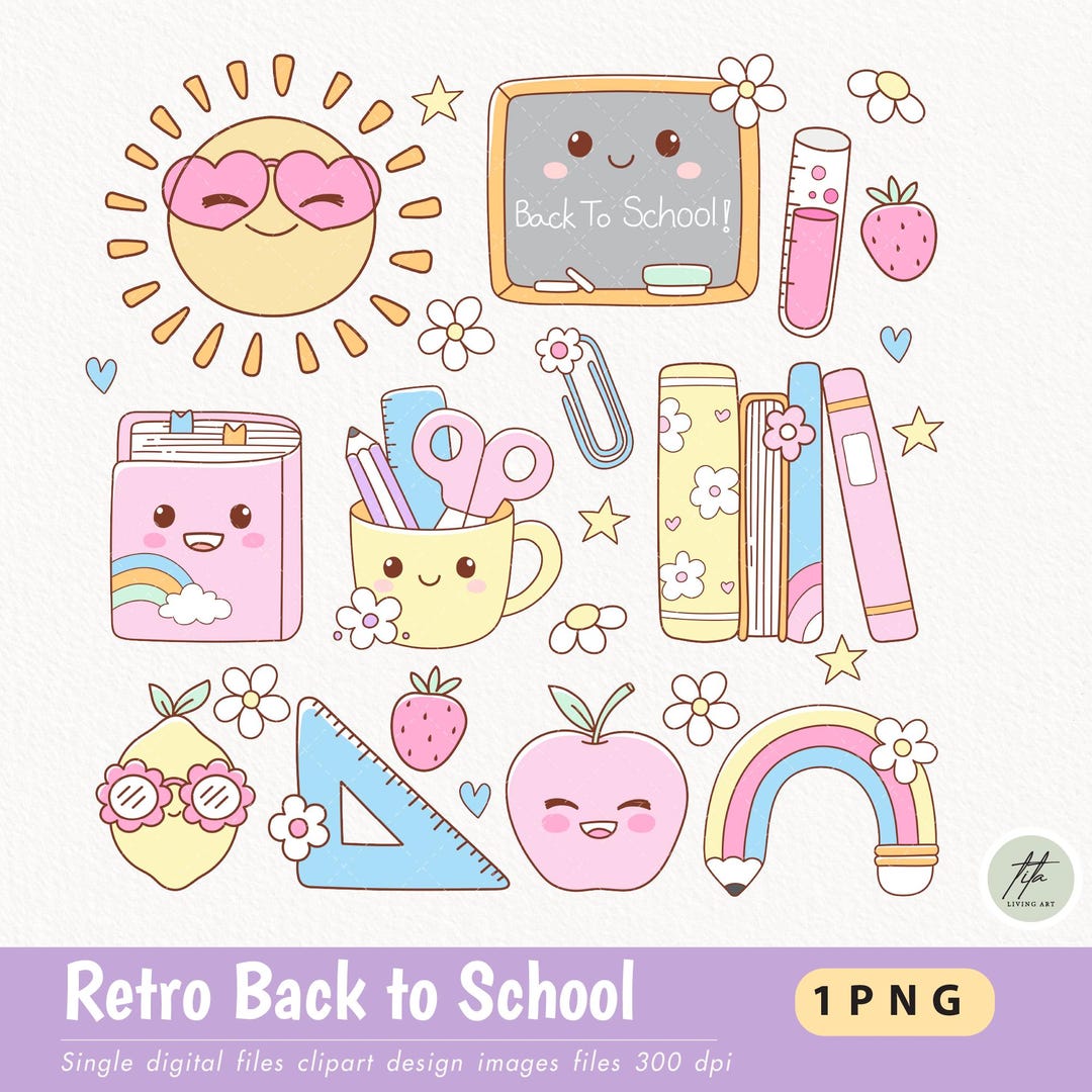 Retro School Clipart, Back to School Clipart, Pastel School Clipart ...