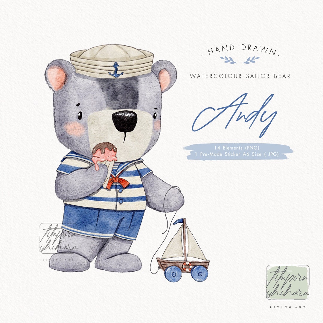 Little Sailor Watercolor Clipart, Sailor Bear Clipart, Nautical Bear ...