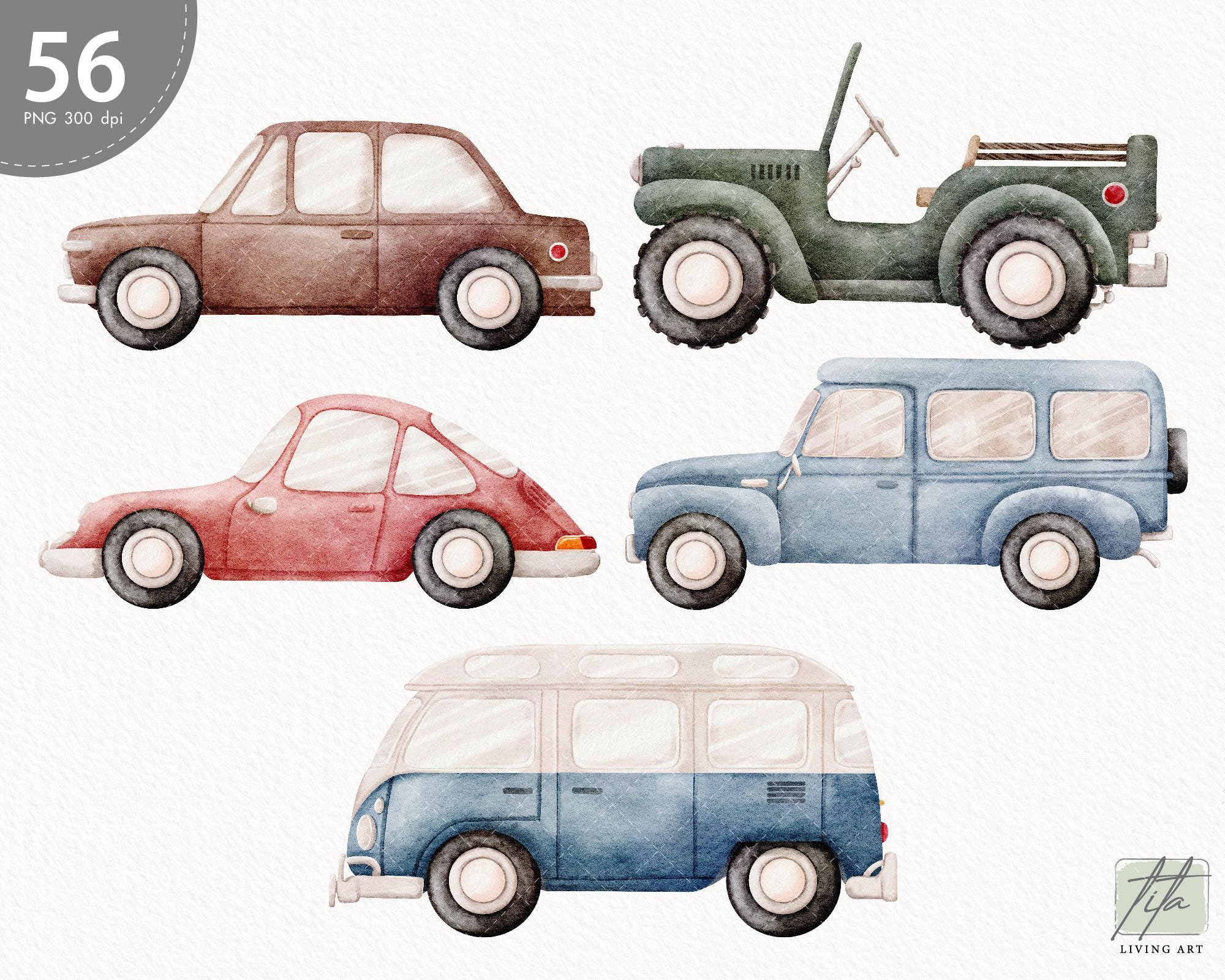 Watercolor Cars Clipart, Transportation Clipart, Cute Cartoon Cars ...