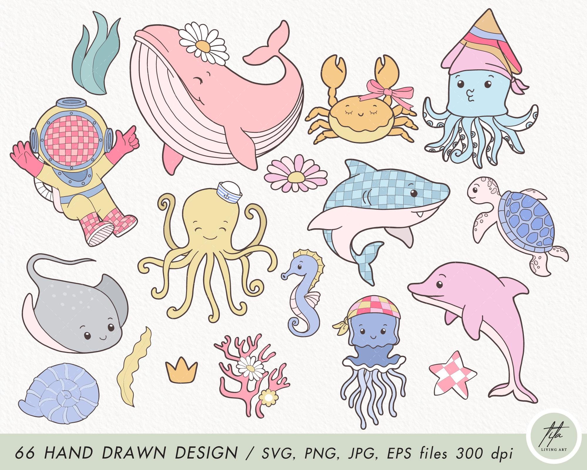 Groovy Sea Animals SVG Bundle, Undersea Clipart, Whale Octopus Seahorse ...