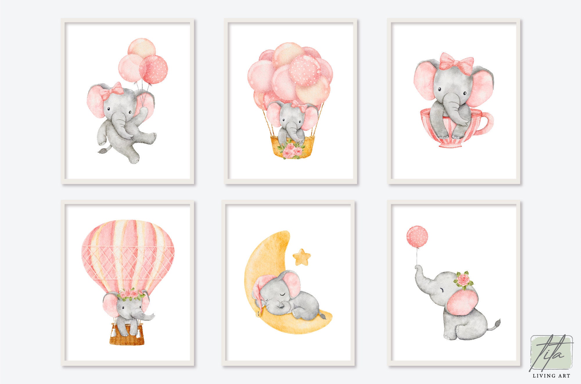 Watercolor Baby Elephant Clipart, Girl Wall Art, Nursery Decor, Cute ...