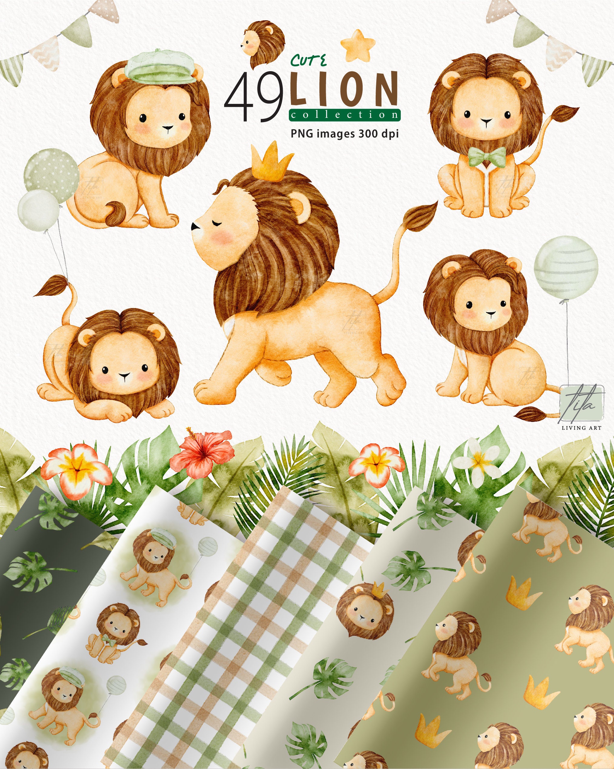 Watercolor Lion Clipart, Cute Little Lion Poses, Baby Lion Clip Art ...