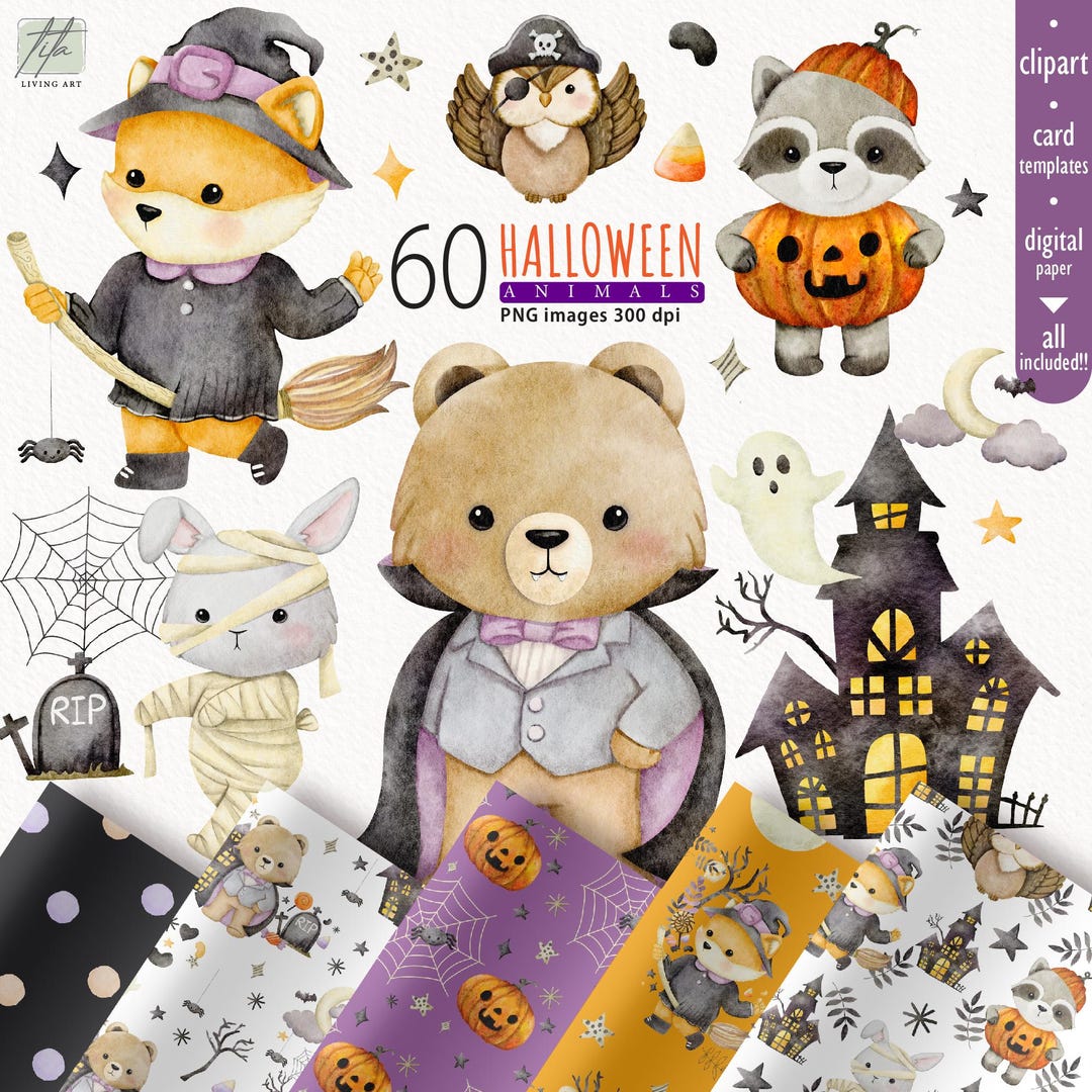 Watercolor Halloween Clipart, Halloween Party Animals, Witch, Vampire ...