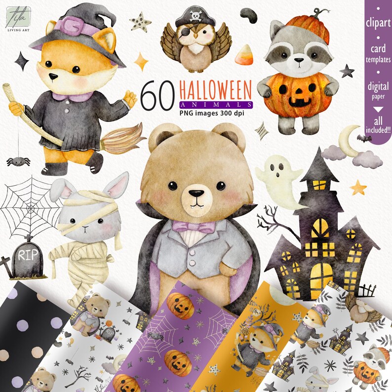Watercolor Halloween Clipart, Halloween Party Animals, Witch, Vampire ...