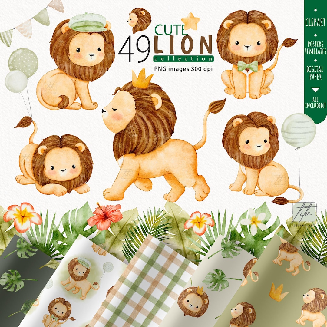 Watercolor Lion Clipart, Cute Little Lion Poses, Baby Lion Clip Art ...