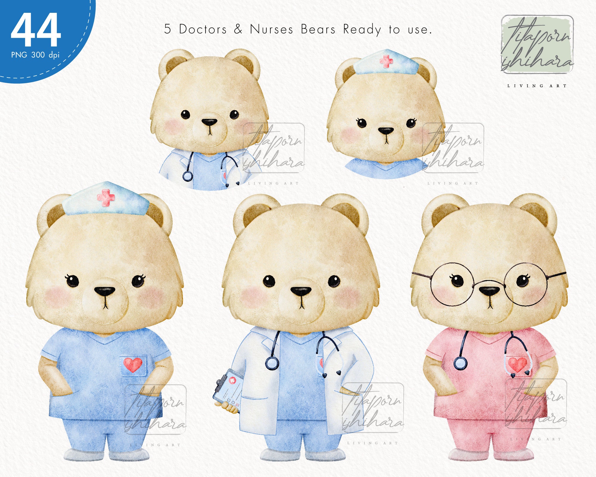 Nurse and Doctor Medical Clipart, Bear Nurses Watercolor Clipart ...