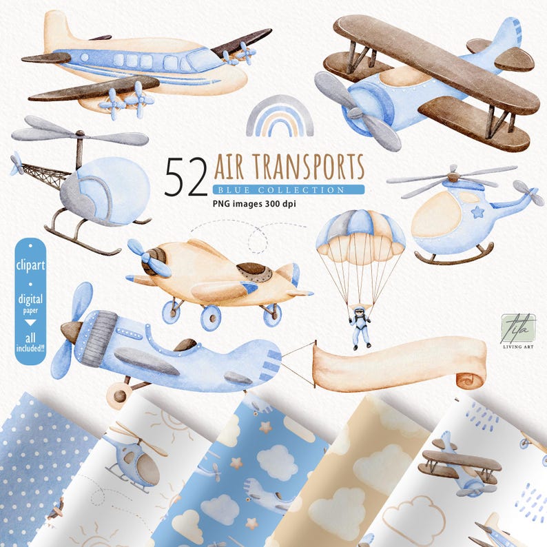 Watercolor Airplane Clipart, Blue Air Transport PNG (300 Dpi) - Etsy