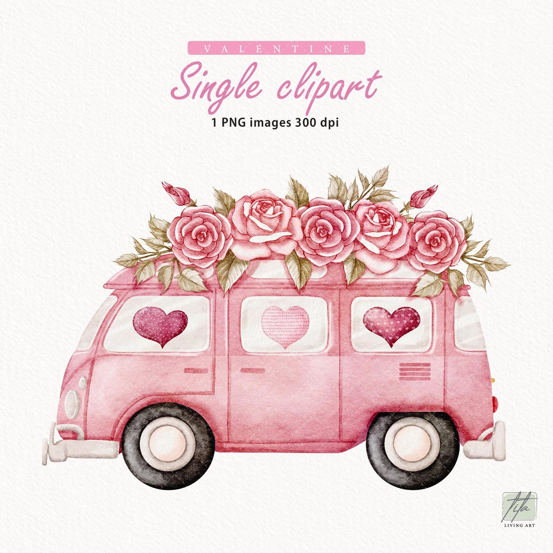 Pink Valentine Van Car Clipart, Watercolor Hearts (PNG) - Etsy