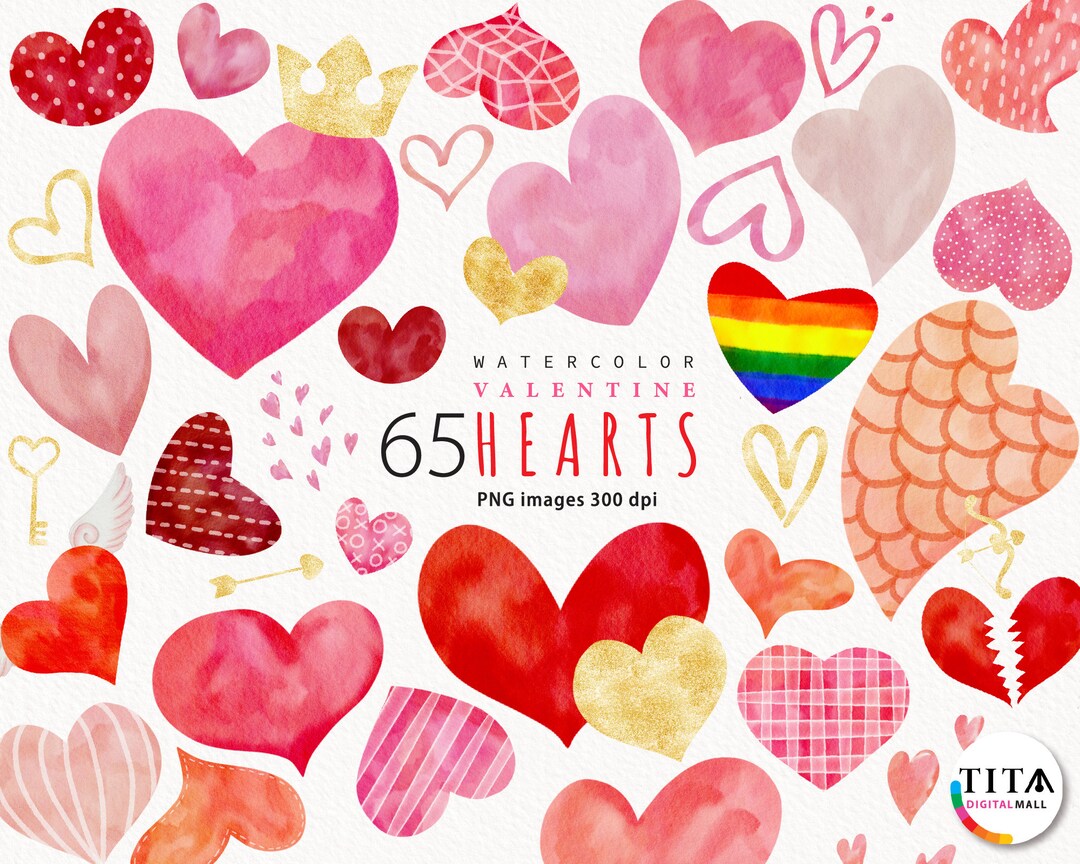 Watercolor Hearts Clipart, Hearts Clipart, Pink Heart Clipart, Gold ...