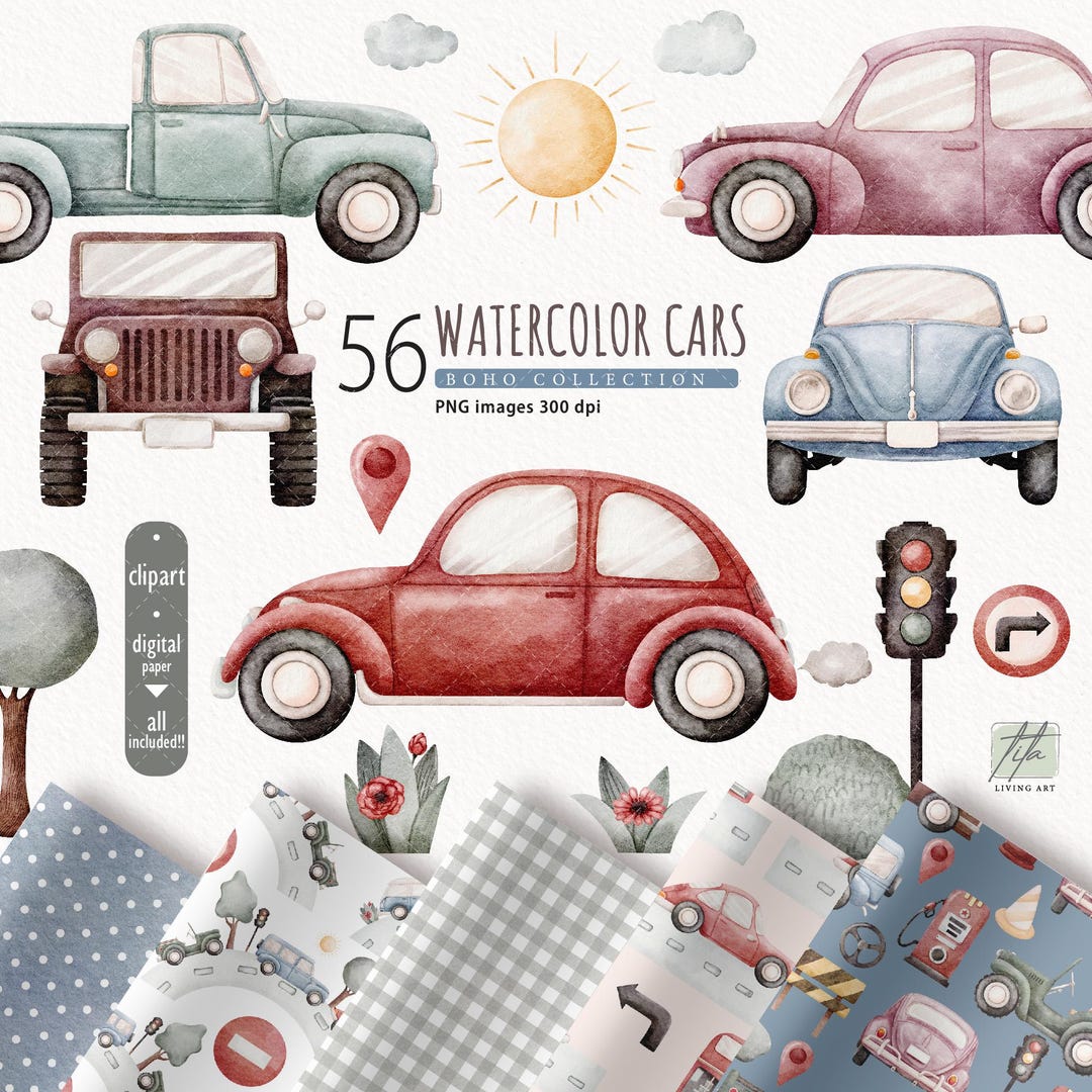 Watercolor Cars Clipart, Transportation Clipart, Cute Cartoon Cars ...