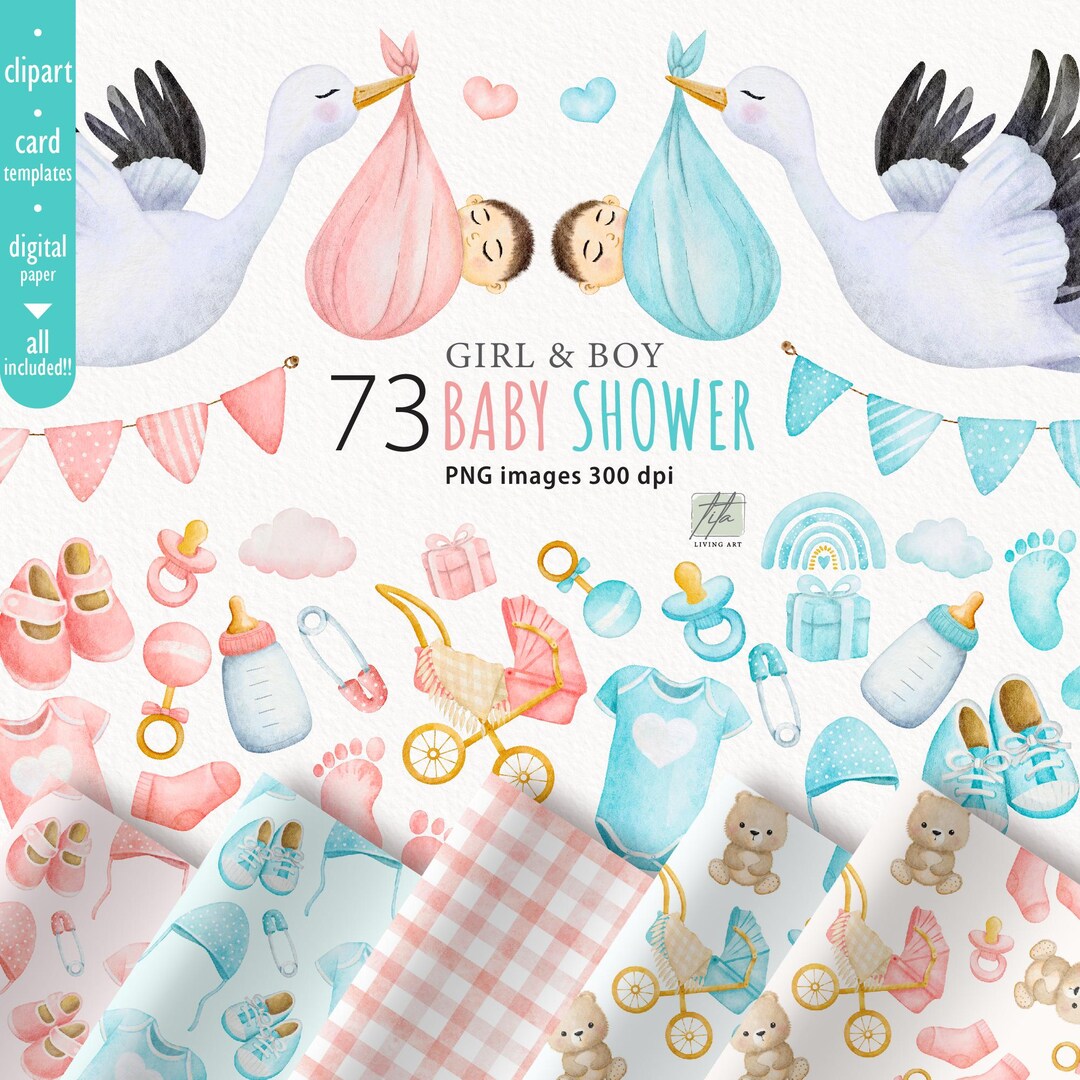Watercolor Baby Shower Clipart, Baby Nursery Decor, Stork Carrying Baby ...