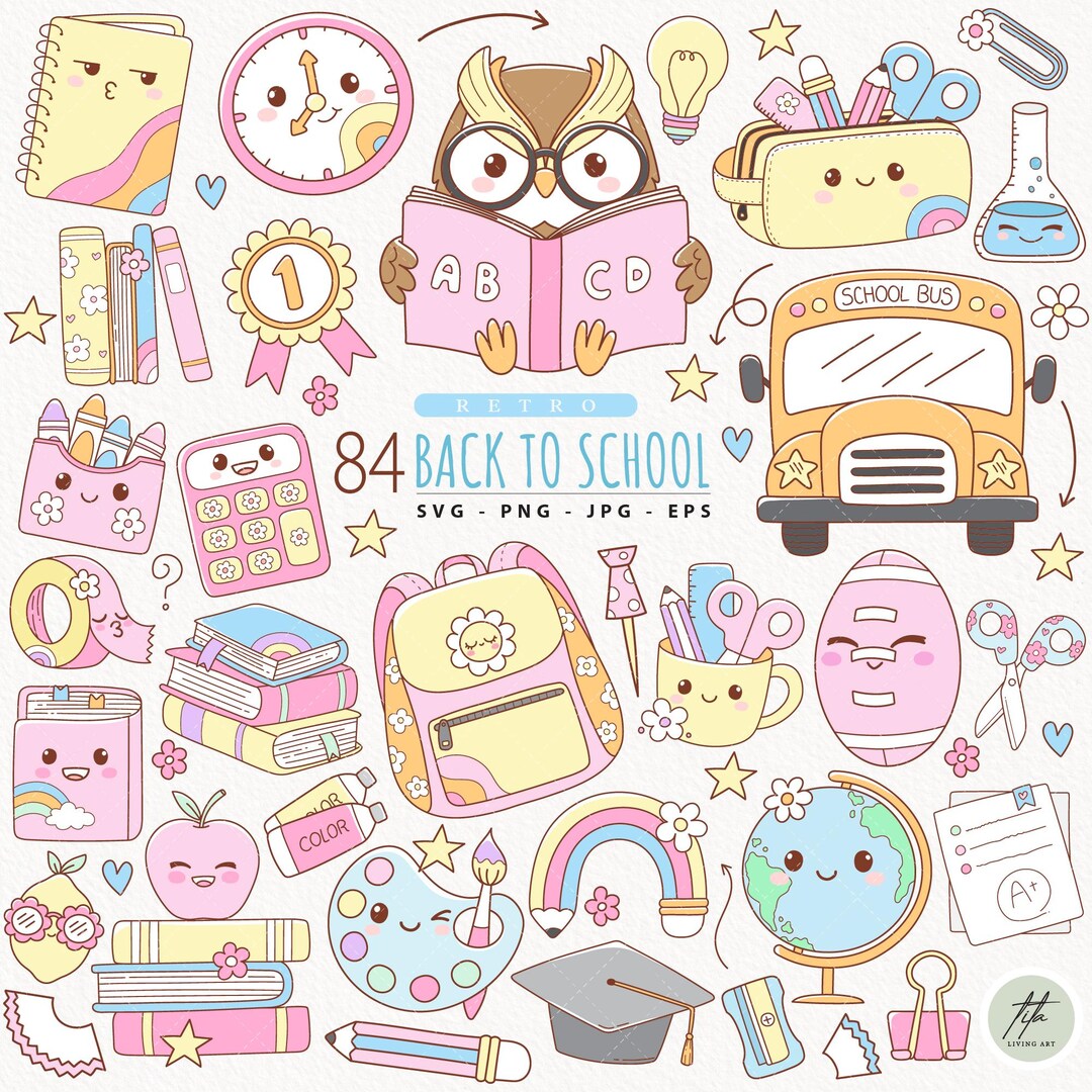 Retro School Clipart Bundle, Groovy Teacher PNG SVG, Pastel Education ...