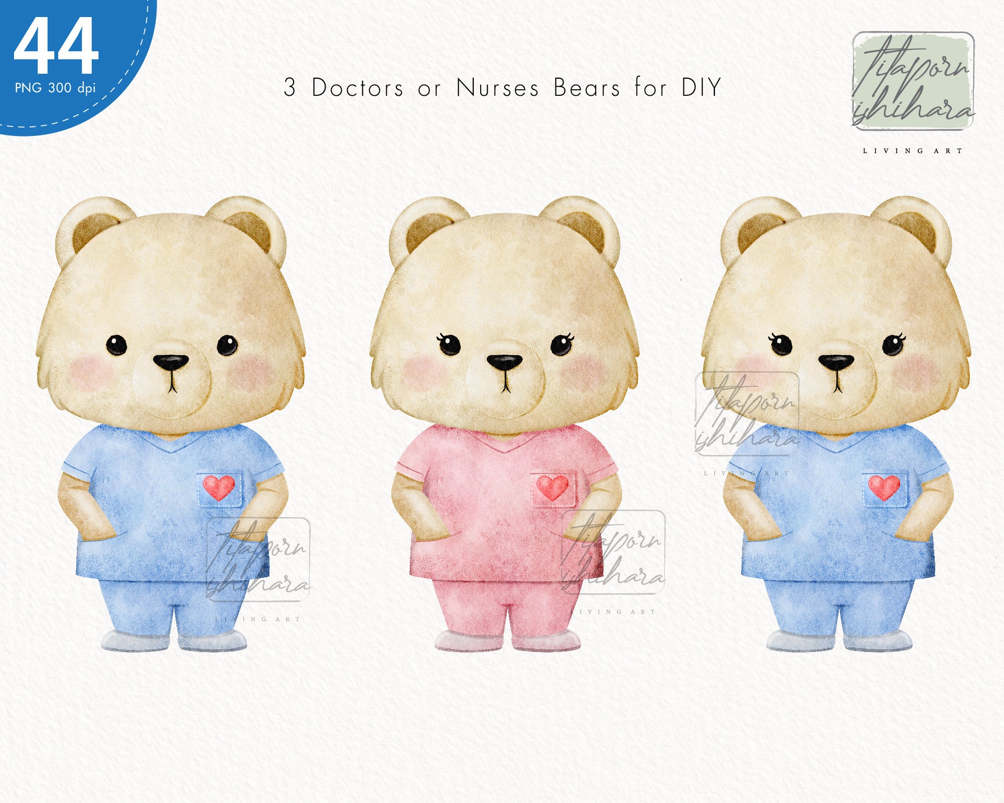 Nurse and Doctor Medical Clipart, Bear Nurses Watercolor Clipart ...