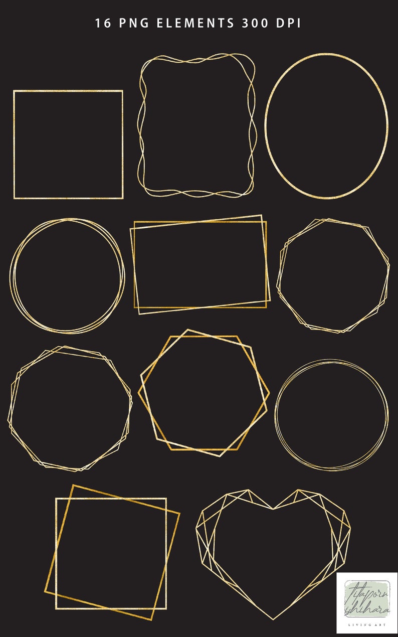 Gold Frame Clipart, Geometric Gold Frames, Wedding Invitations, Gold ...