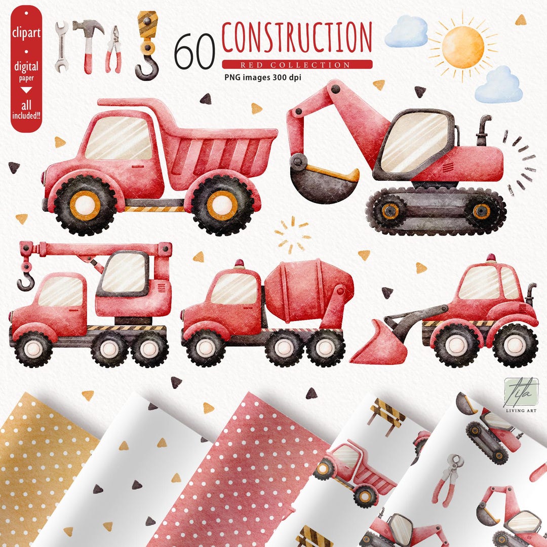 Watercolor Construction Vehicle Clipart, Dump Truck, Bulldozer (PNG ...