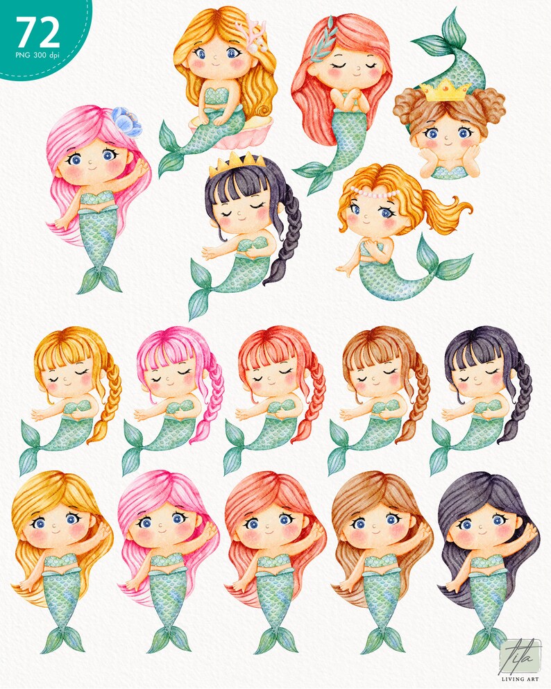 Watercolor Mermaid Clipart, Cute Little Mermaid, Under the Sea ...