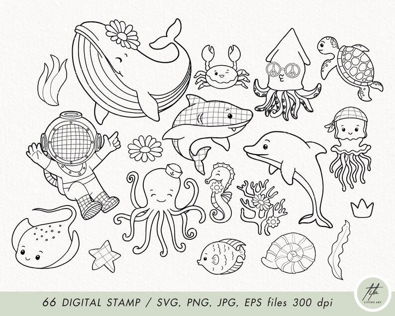 Groovy Sea Animals Outline SVG, Sea Animal SVG Bundle, Undersea Clipart ...