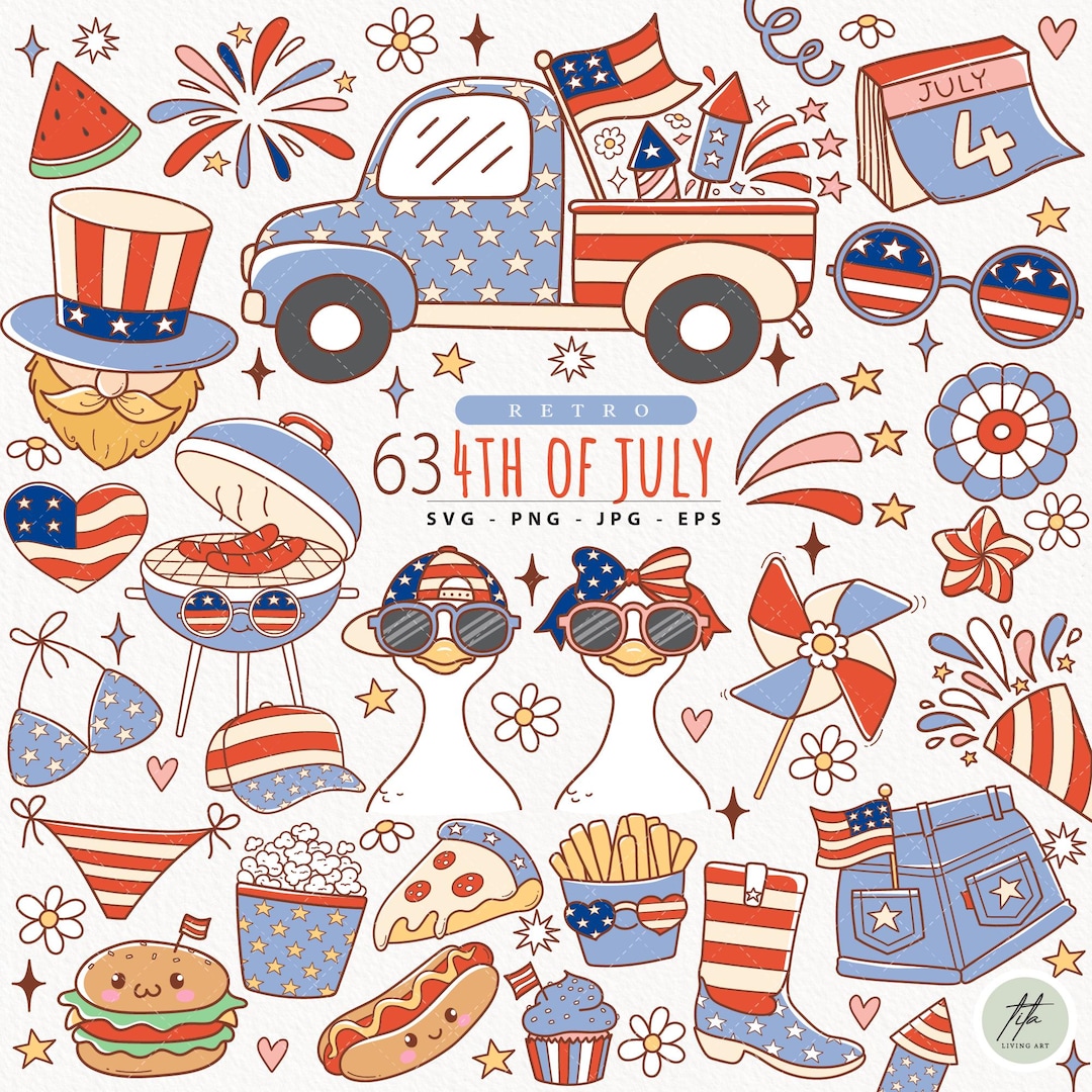 Retro 4th of July Clipart Bundle, Patriotic Graphics (SVG, PNG) - Etsy
