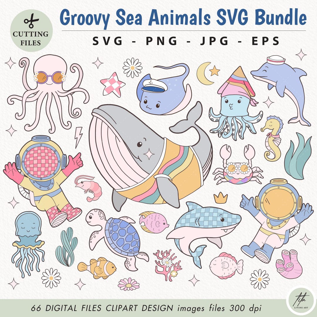 Groovy Sea Animals SVG Bundle, Undersea Clipart, Whale Octopus Seahorse ...