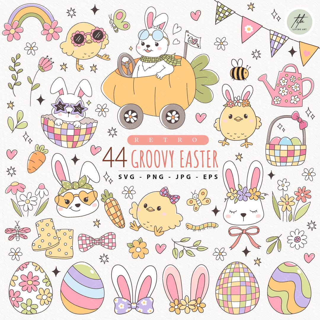 Groovy Easter Day Clipart, Retro Spring SVG Bundle, Animal Easter ...