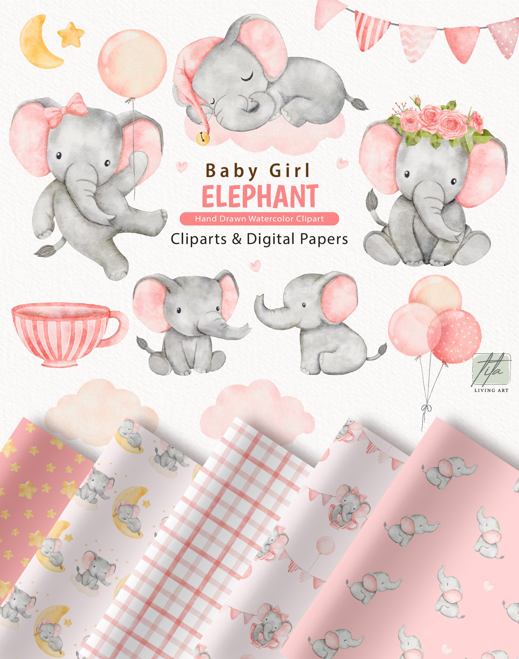 Watercolor Baby Elephant Clipart, Girl Wall Art, Nursery Decor, Cute ...