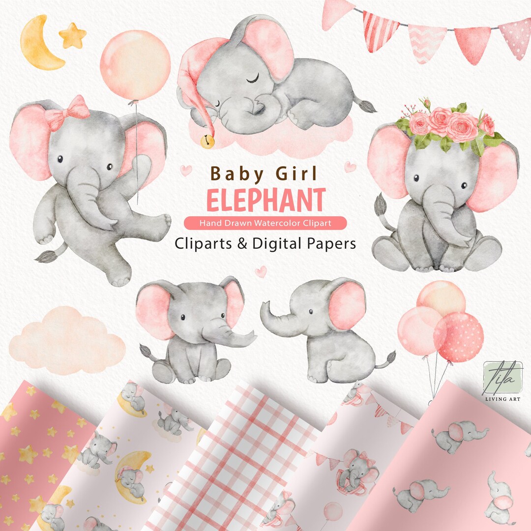 Watercolor Baby Elephant Clipart, Girl Wall Art, Nursery Decor, Cute ...