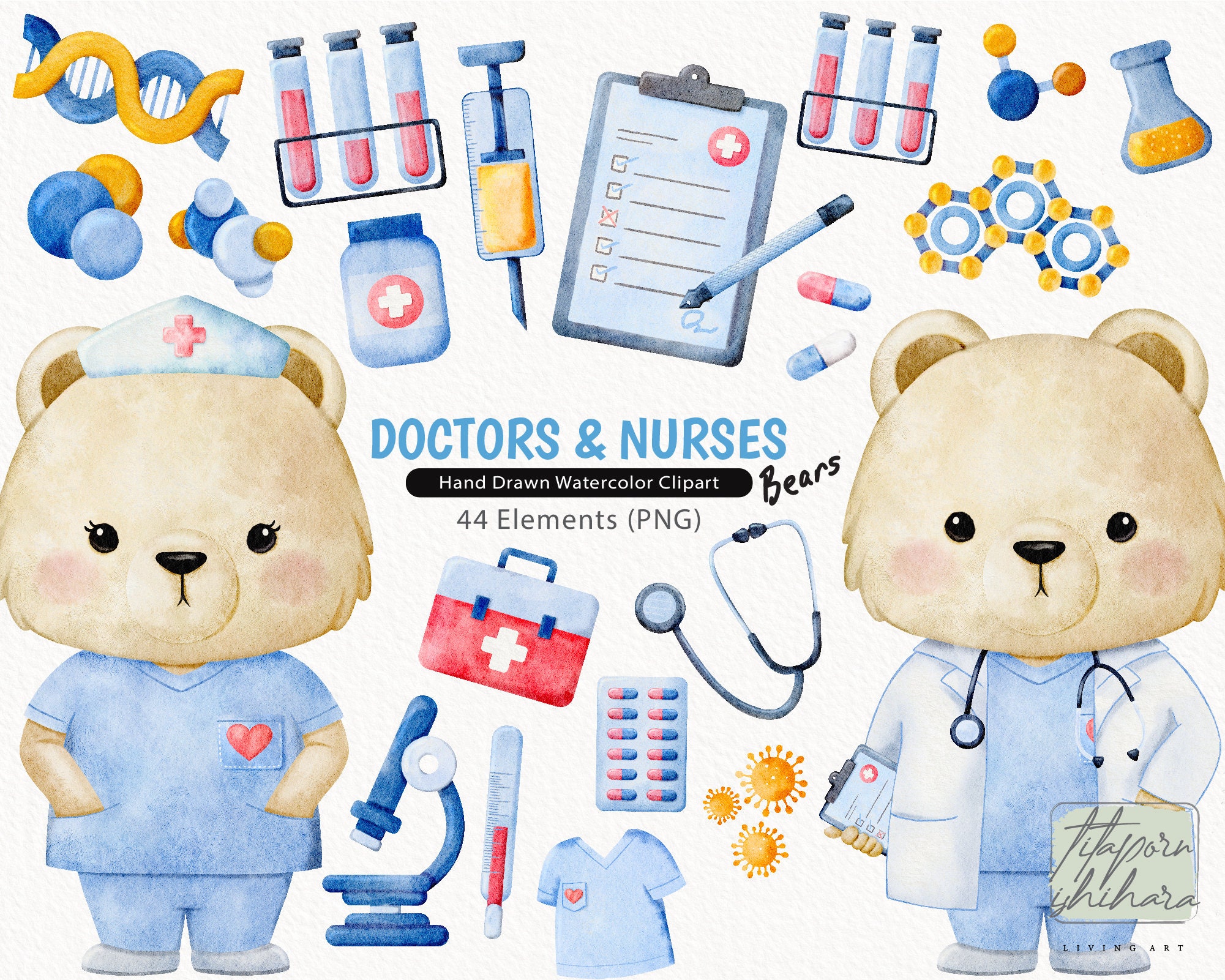 Nurse and Doctor Medical Clipart, Bear Nurses Watercolor Clipart, International Nurses Day ...