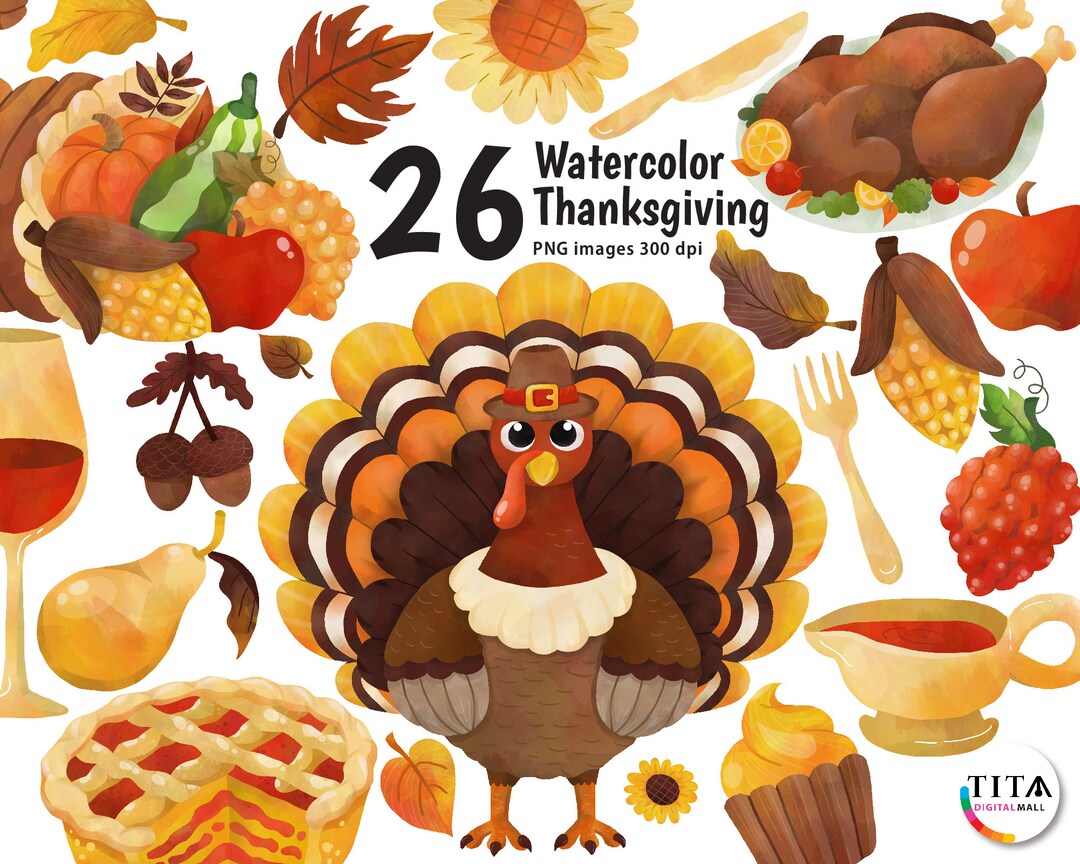 Watercolor Thanksgiving Clipart, Turkey, Fall Elements (PNG) - Etsy