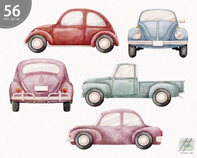 Watercolor Cars Clipart, Transportation Clipart, Cute Cartoon Cars ...