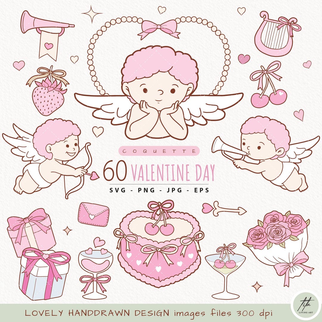 Girly Coquette Valentine Clipart, Hand-drawn Cupid SVG, Girly Coquette ...