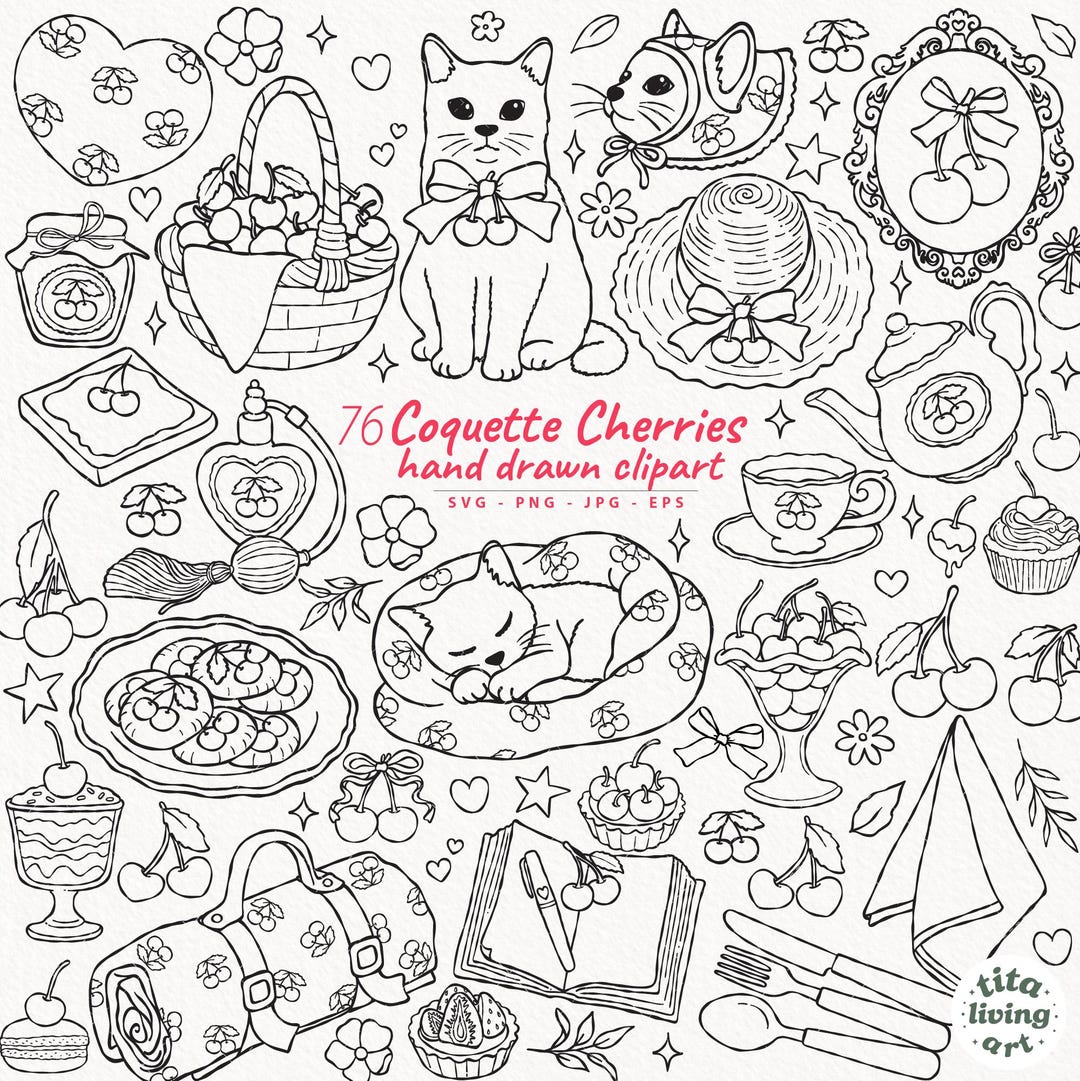 Coquette Cherries Clipart Bundle | Valentine Cherries and Cat Line Art ...